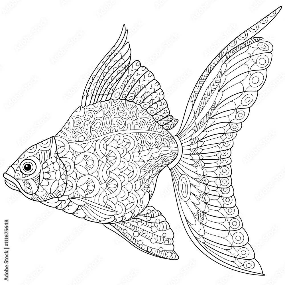 Zentangle stylized cartoon goldfish, isolated on white background. Hand ...