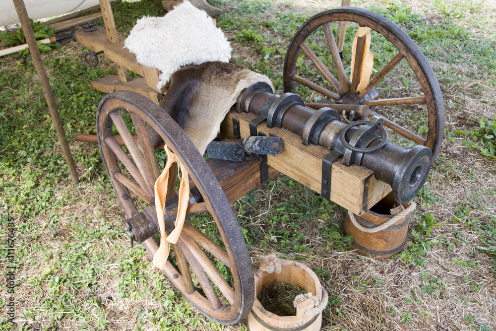 TEWKESBURY, UK - 17 July 2015 : Wood & wrought iron replica muzzle ...