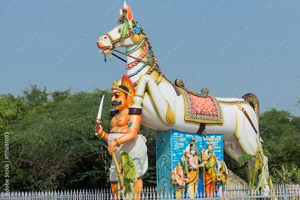 Chettinad, India - October 16, 2013: Ayyanar and his horse at his ...