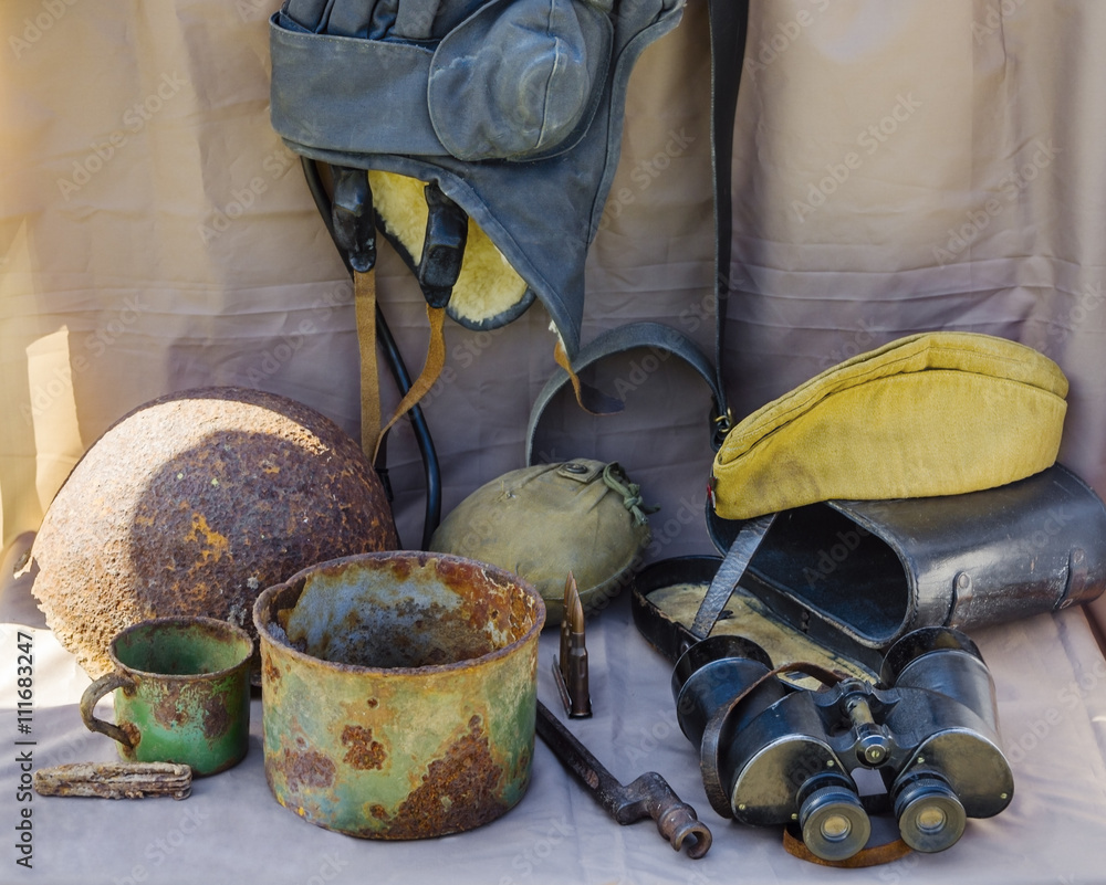 Objects of the Great Patriotic War. Helmet, headset, bowler, glasses ...