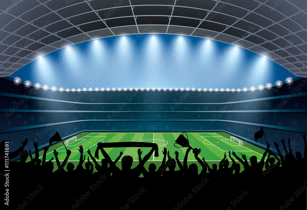 Excited crowd of people at a soccer stadium. Football stadium. Stock ...