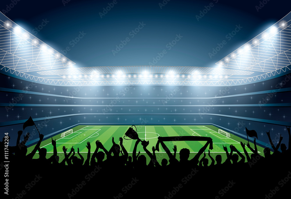 Excited crowd of people at a soccer stadium. Football stadium. Stock ...