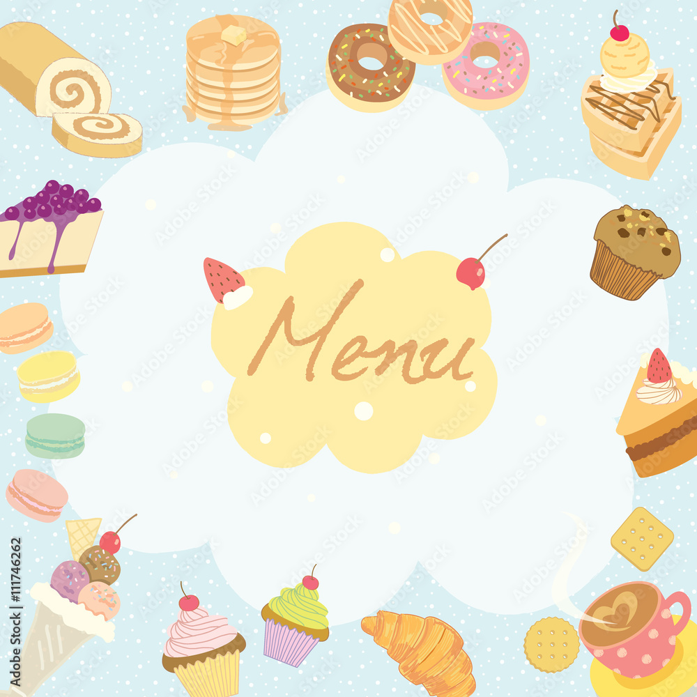 Vector illustration for dessert menu or recipe on the pale blue ...