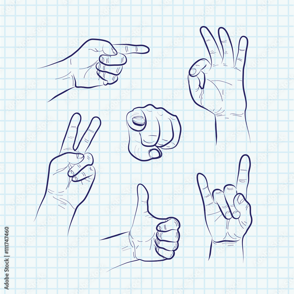 Set of various hand gestures, hand drawn sketch. Vector Stock Vector ...