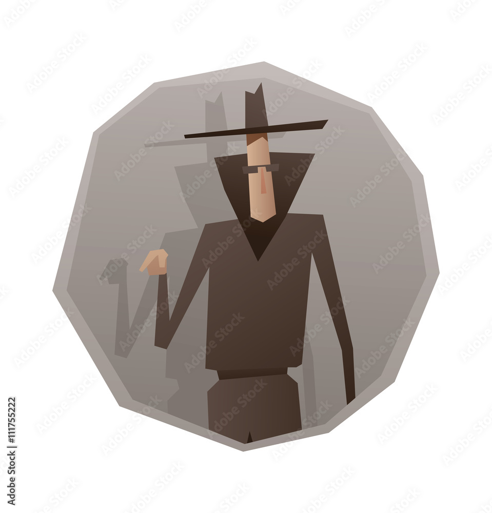 Vector image of a gray round frame with cartoon image of a spy in a ...