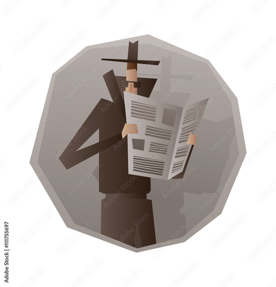 Vector image of a gray round frame with cartoon image of a spy in a ...