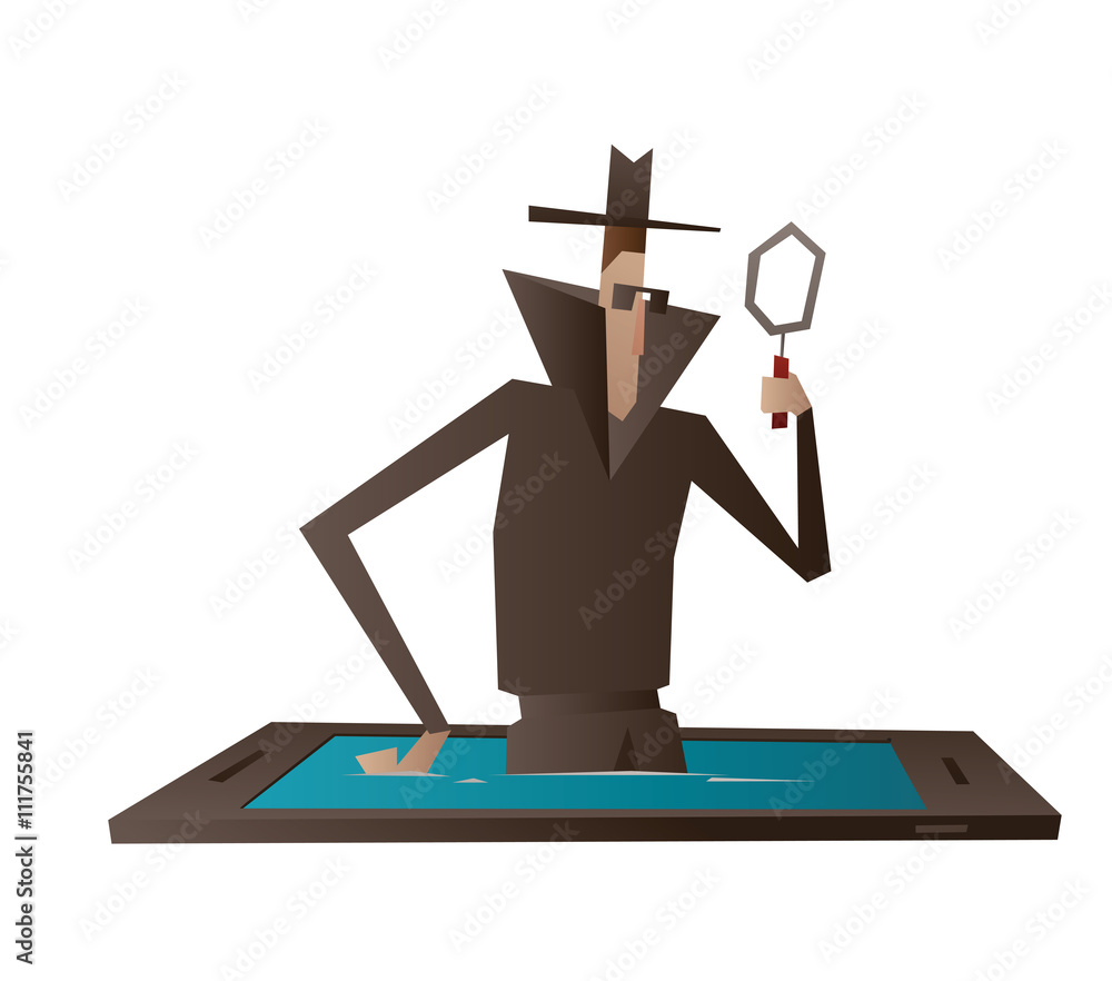Vector cartoon image of a spy in a black coat, hat and sunglasses, with ...