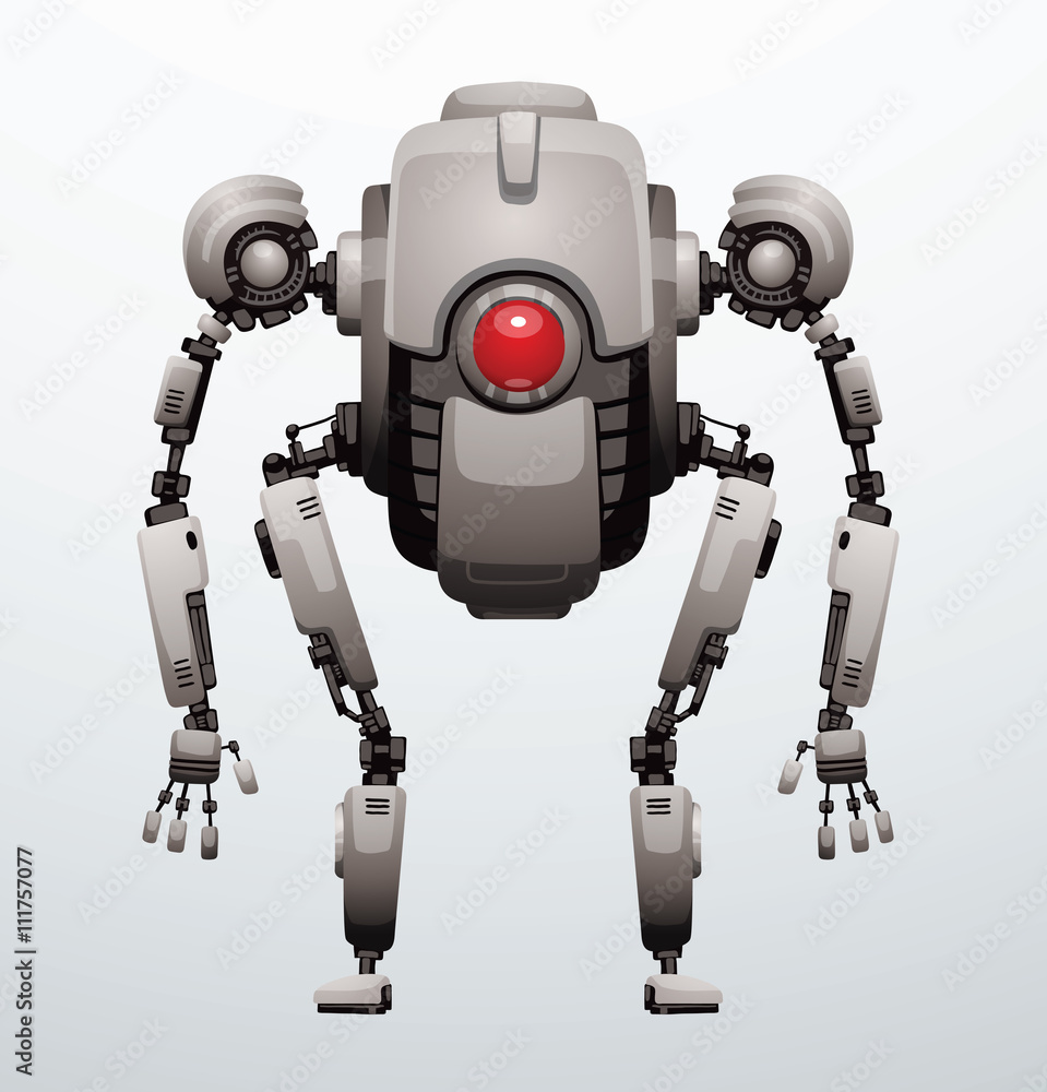 Vector image of funny white robot with two arms and legs, with a red ...