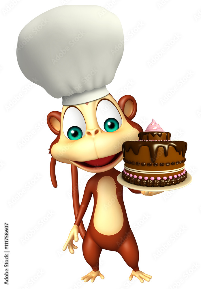 Monkey cartoon character with cake and chef hat Stock Illustration ...