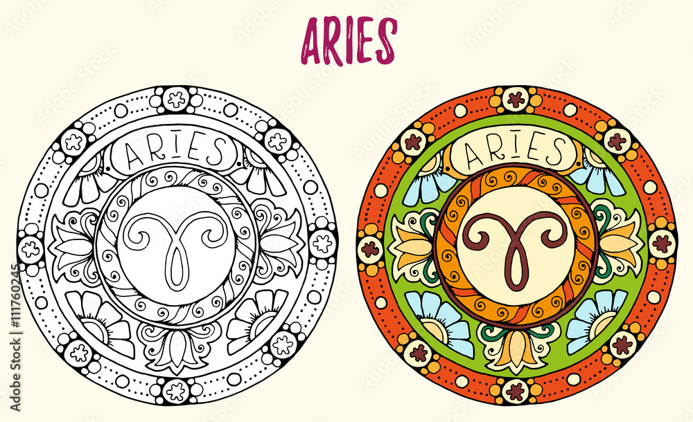 Zodiac signs theme. Black and white and colored mandalas with aries ...