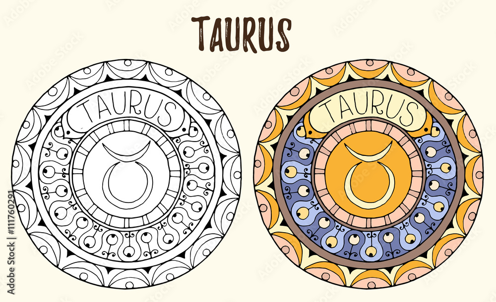Zodiac signs theme. Black and white and colored mandalas with taurus ...