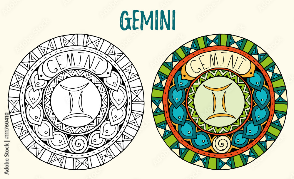 Zodiac signs theme. Black and white and colored mandalas with gemini ...