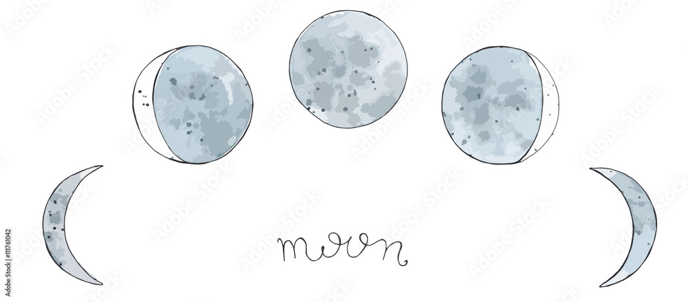 hand drawn art sketch of Moon phases Lettering Moon colored vector ...