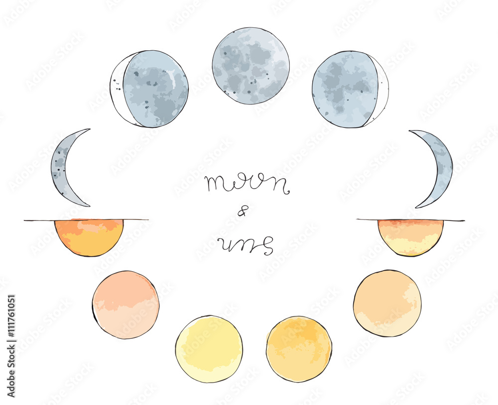hand drawn art sketch of moon and sun. Moon phases. the sun from ...