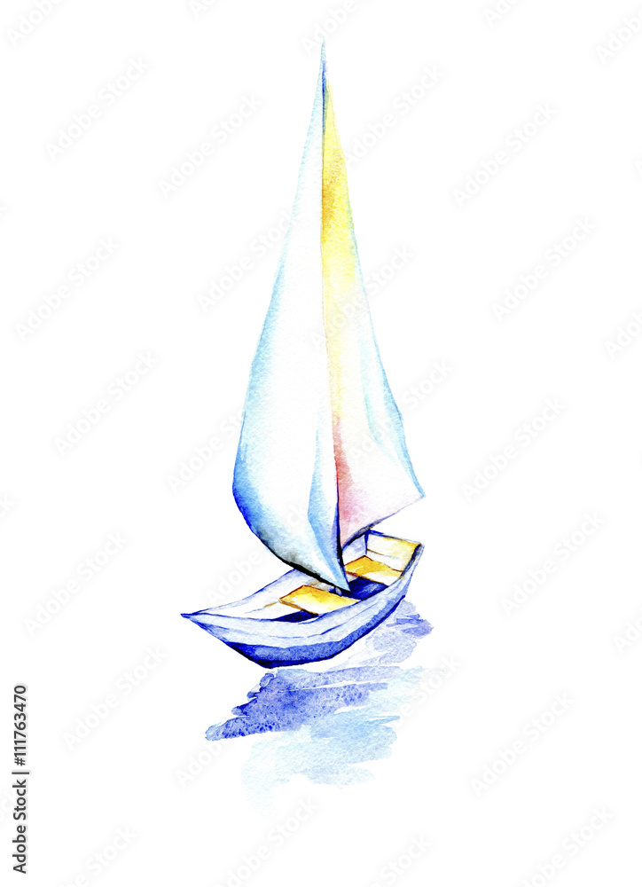 Sailing boat on a white background. Watercolor painting of sailing ship ...