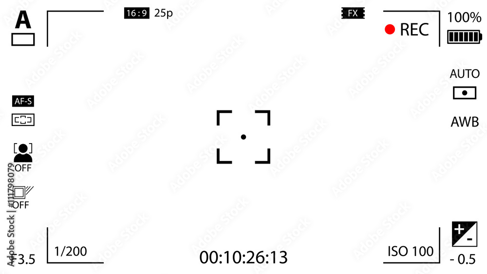 Modern digital video camera focusing screen with settings. White ...
