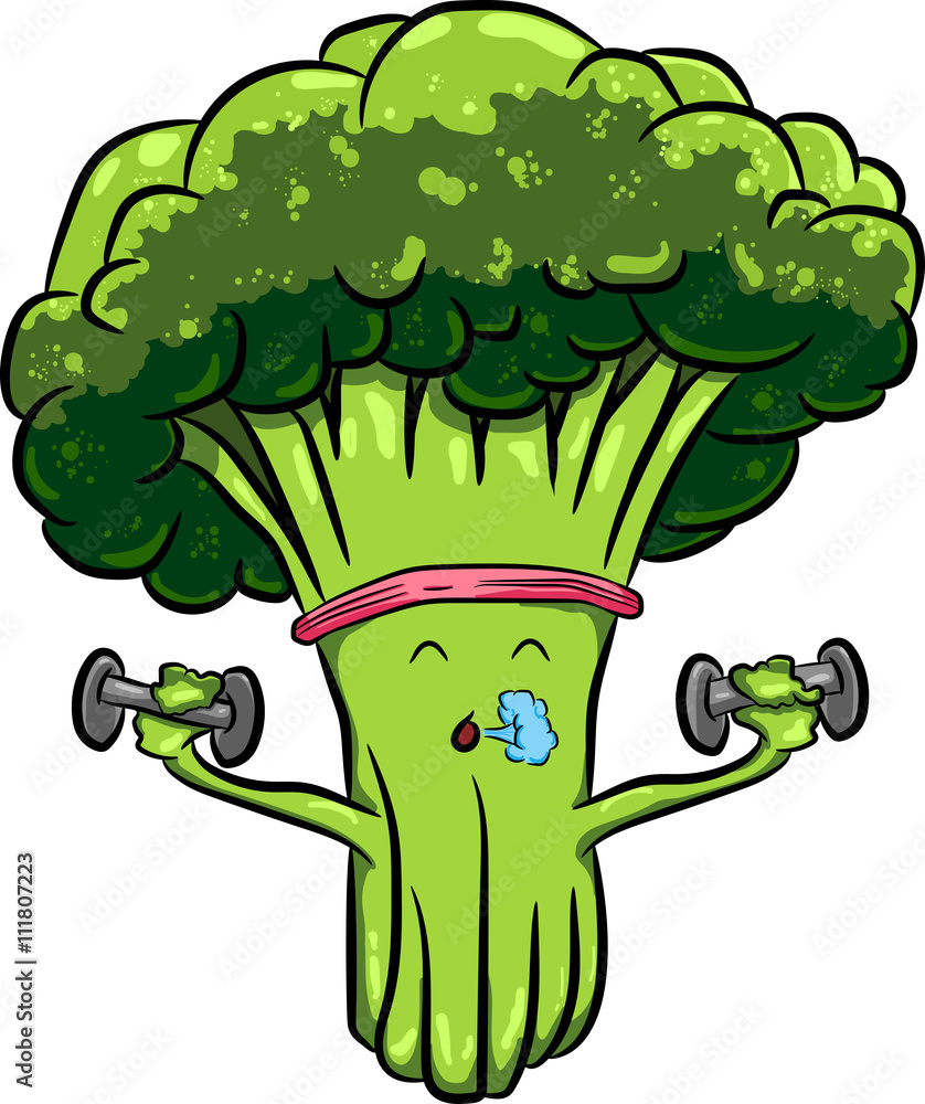 beautiful bright cartoon broccoli engaged in sports with dumbbells ...