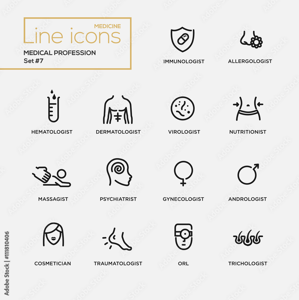 Medical profession simple thin line design icons, pictograms set Stock ...