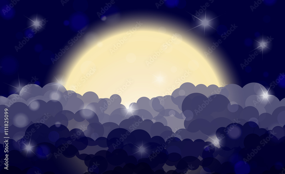 Cartoon night shining cloudy sky with moon. Vector illustration Stock ...