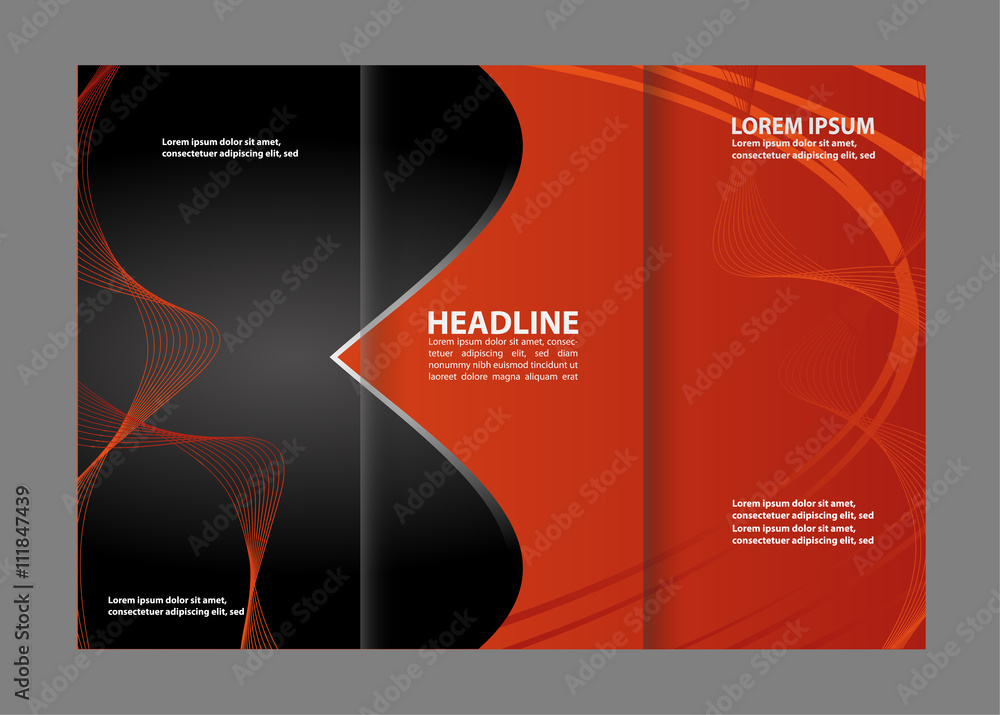 Vector red and black tri-fold brochure design template with abstract ...