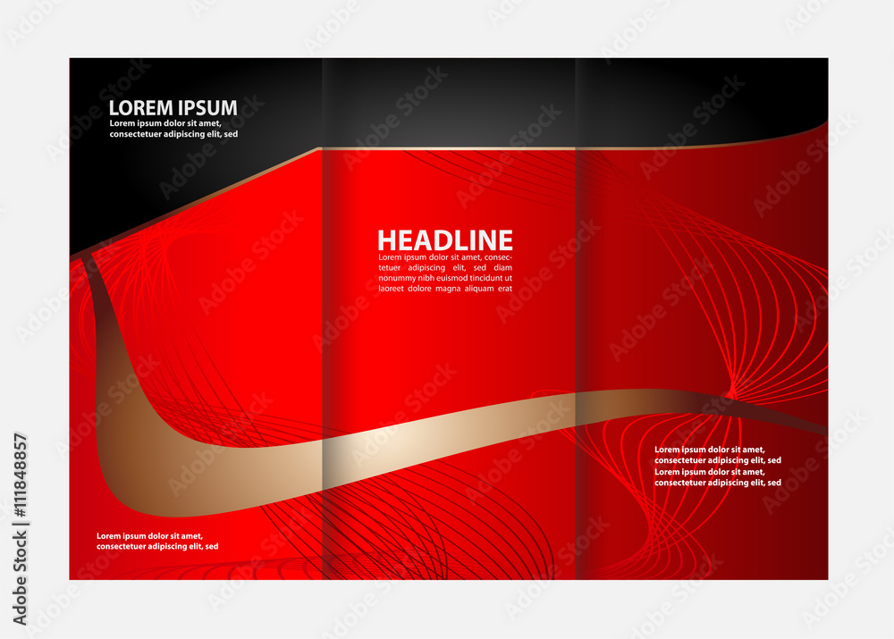 Vector red and black tri-fold brochure design template with abstract ...