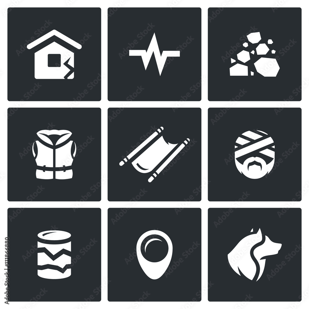 Vector Set of Earthquake Icons. Destruction, Seismic Activity, Rock ...