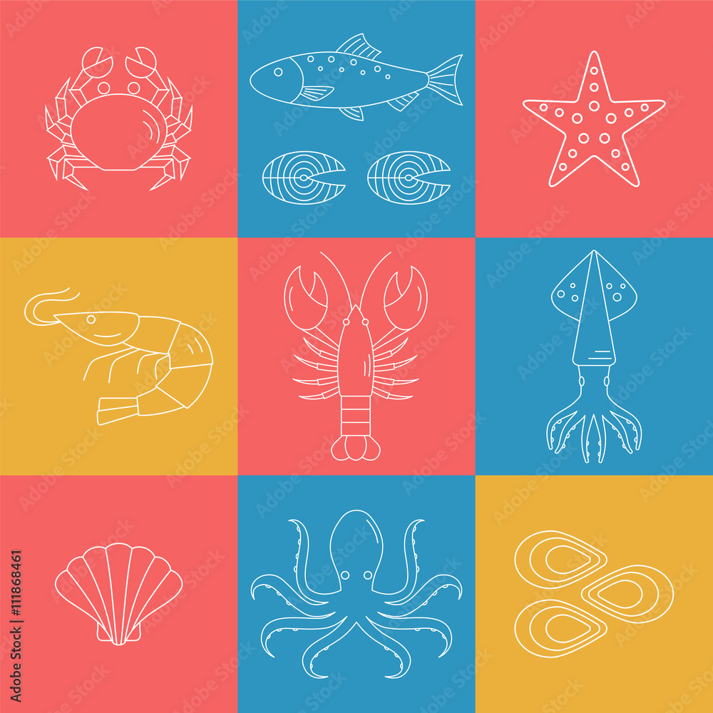 Seafood vector flat line icons set. Vector illustrations of lobster ...