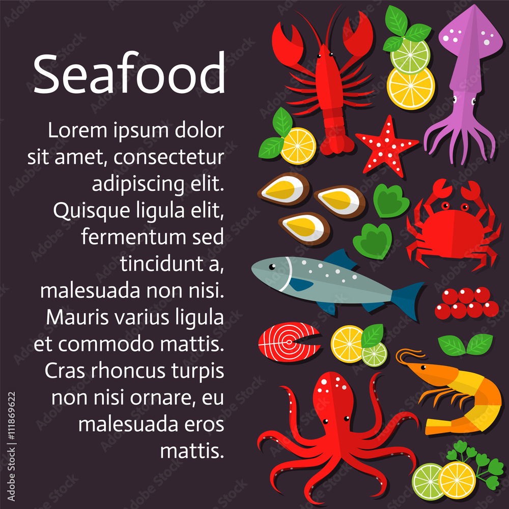 Fresh seafood background. Vector flat illustrations of lobster, crab ...