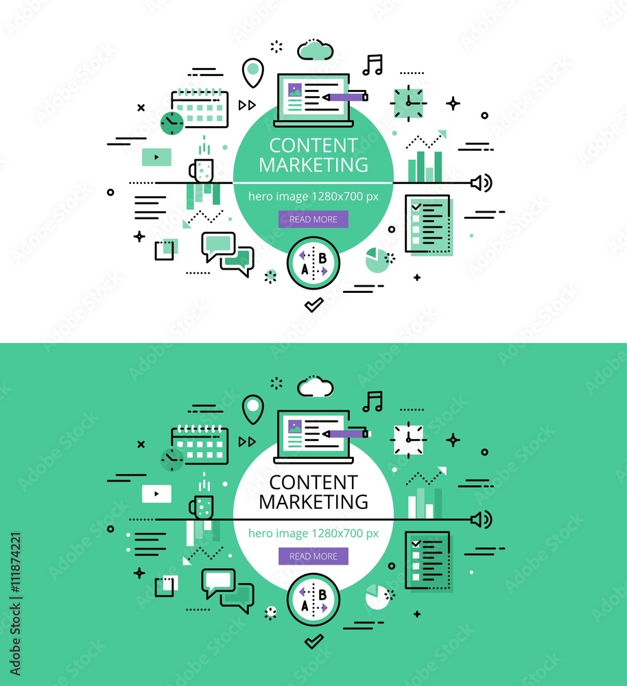 Content Marketing. Flat line color hero images and hero banners Stock ... Content Marketing. Flat line color hero images and hero banners Stock ...