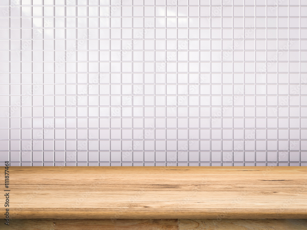 wooden counter with white tile background Stock Photo | Adobe Stock