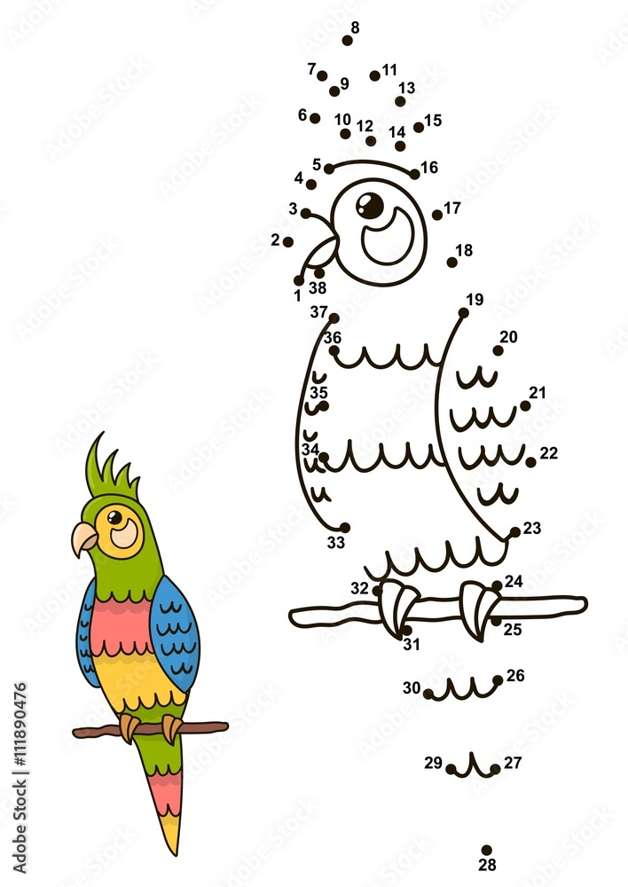 Connect the dots to draw the cute parrot and color it Stock Vector ...