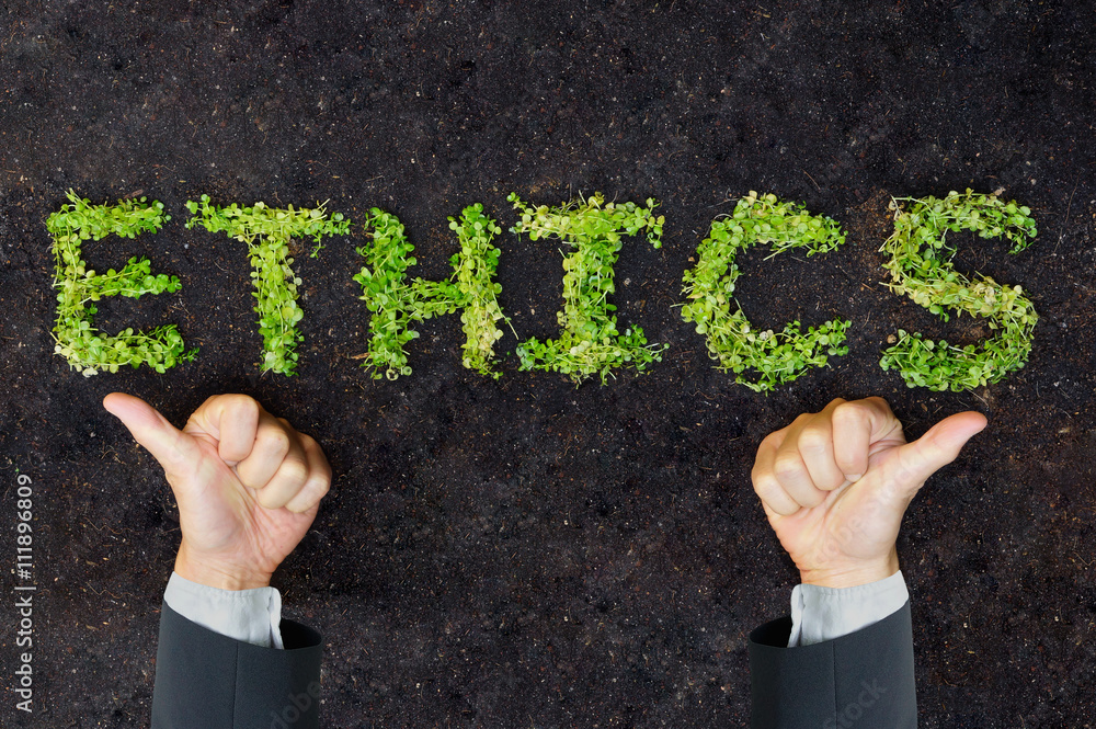 Ethics. CSR. Small green plants arranged as a word ethics with ...