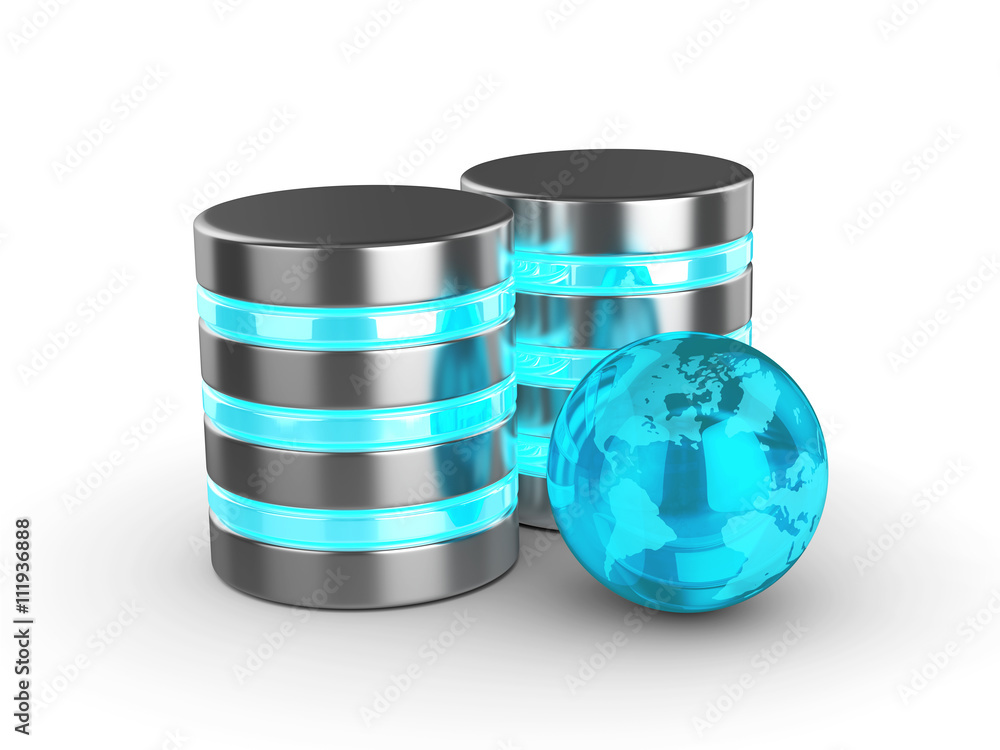 3d database with glass globe isolated on white background Stock ...