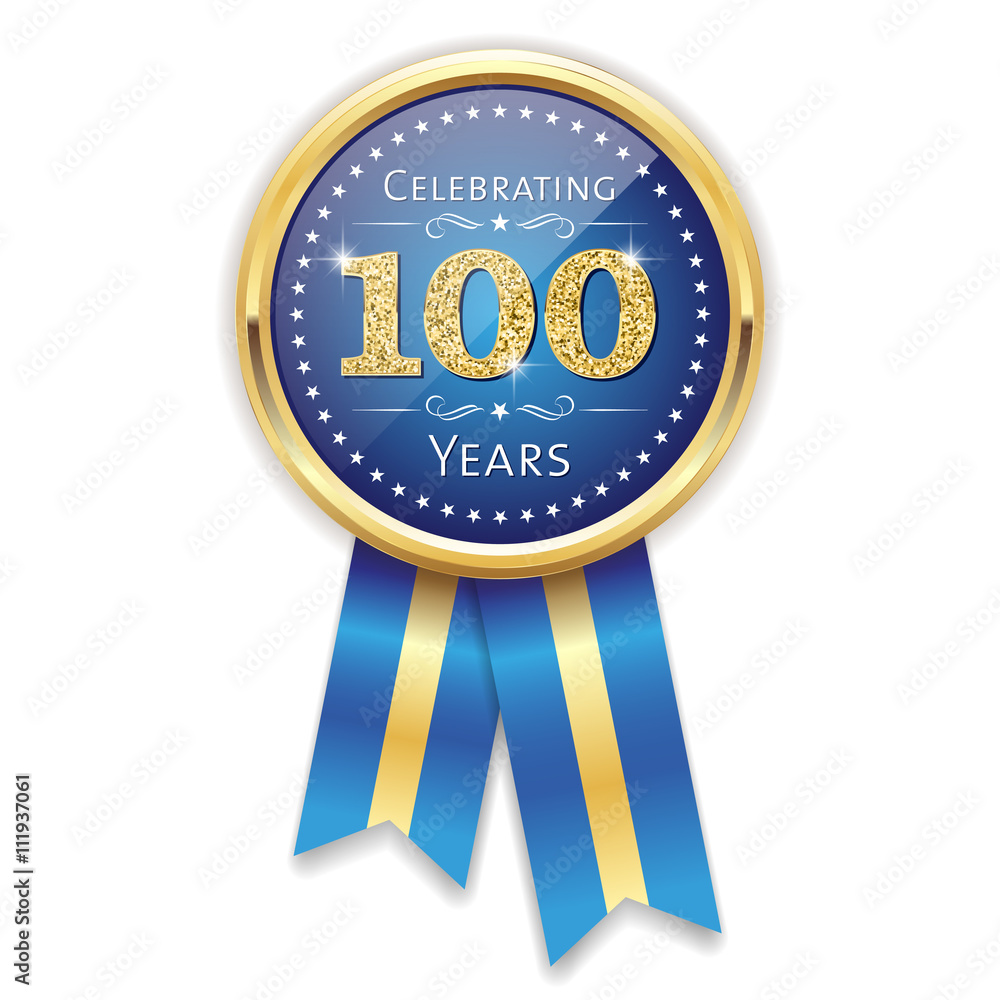 Blue celebrating 100 years badge, rosette with gold border and ribbon ...