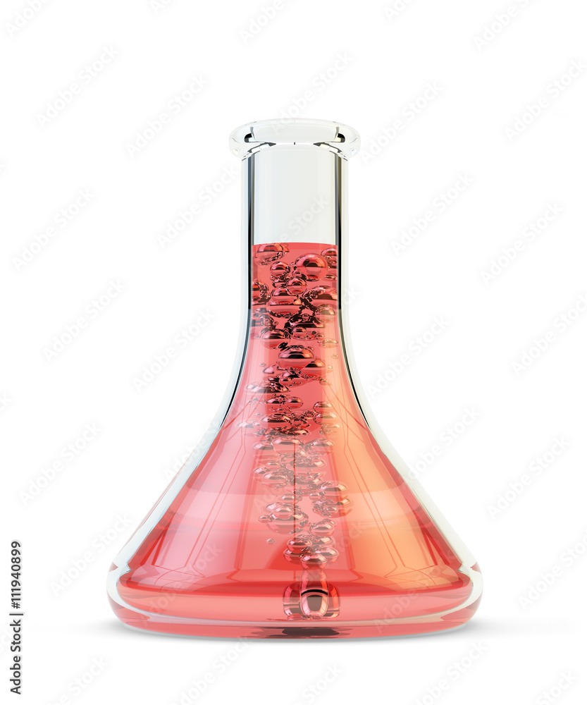 Chemical component reaction concept, laboratory flask with clear red ...