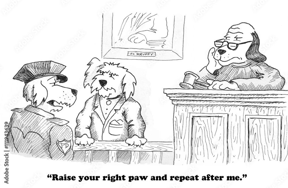 Legal cartoon about dogs in court. ilustración de Stock | Adobe Stock