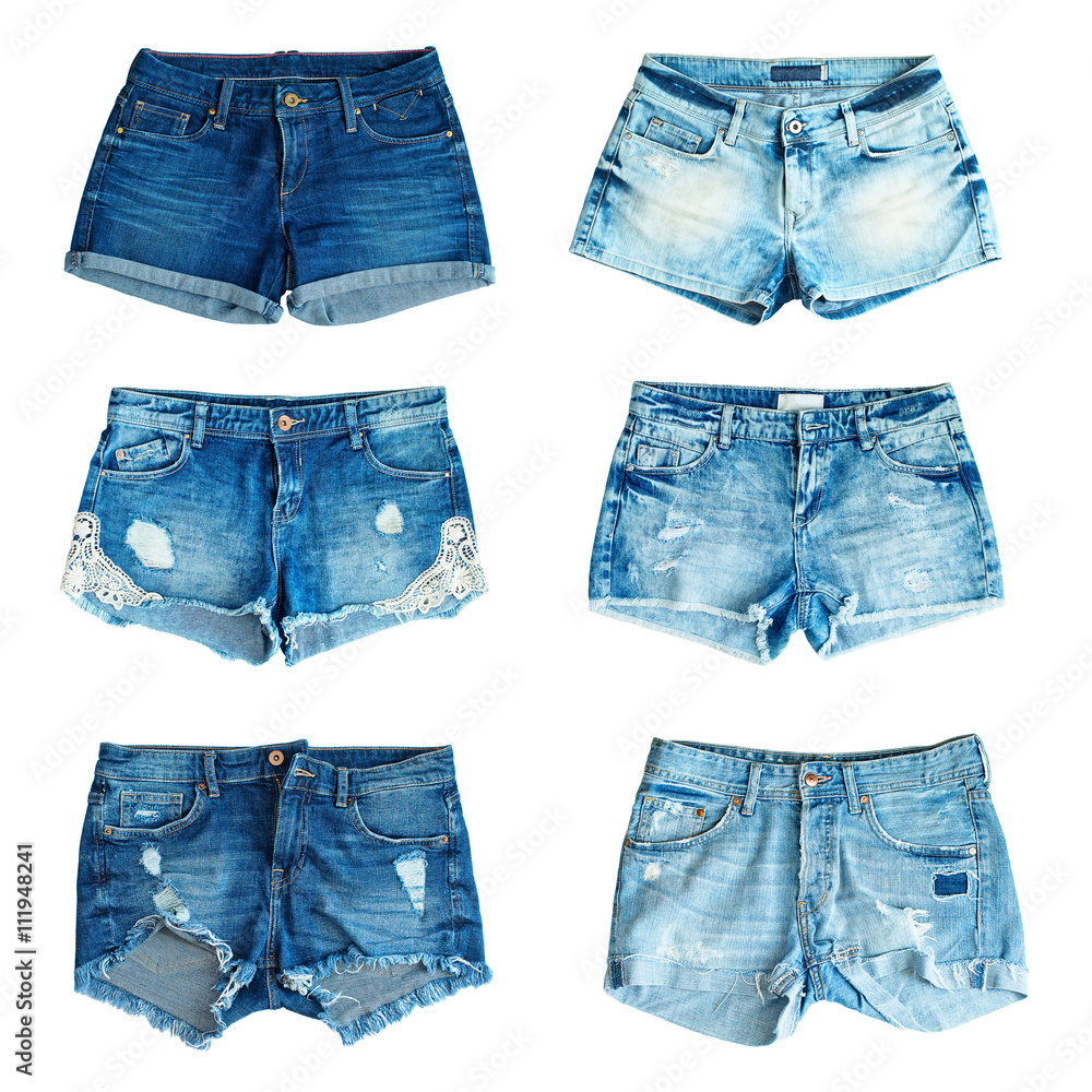 collection of different jeans shorts on a white background. front view ...