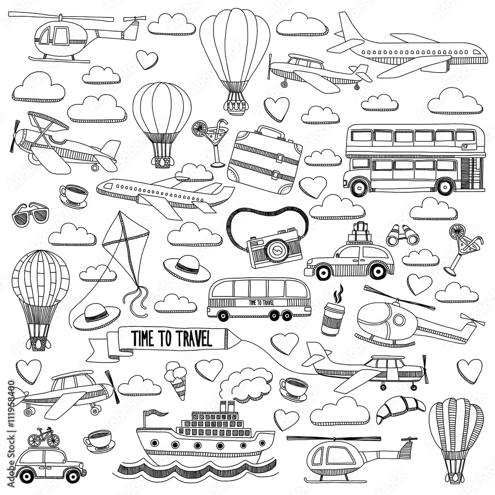Vector doodle set of travel and transportation Car plane helicopter ...