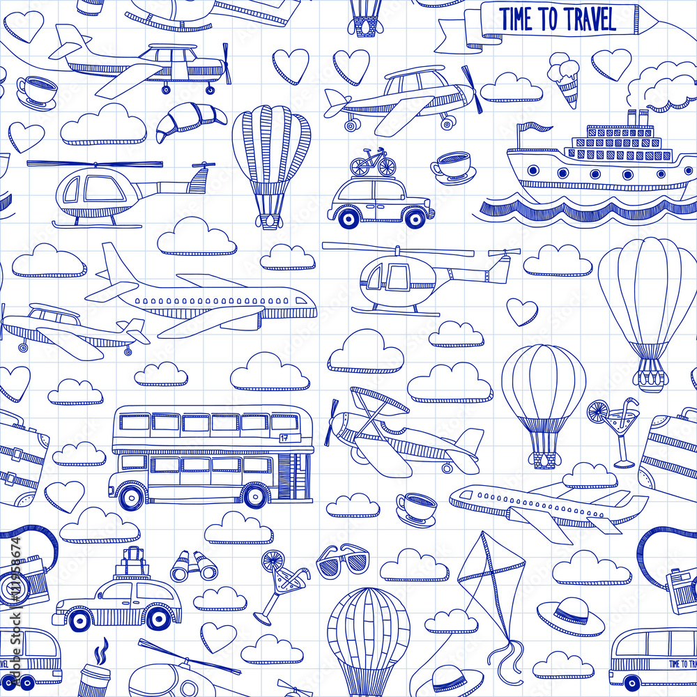 Vector doodle set of travel and transportation Car plane helicopter ...