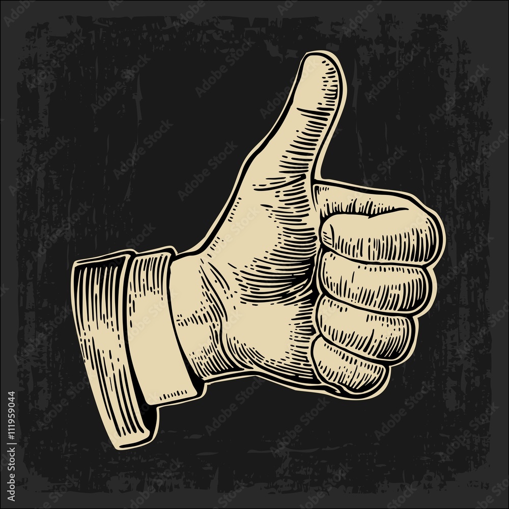 Hand showing symbol Like. Making thumb up gesture. Vector beige vintage ...