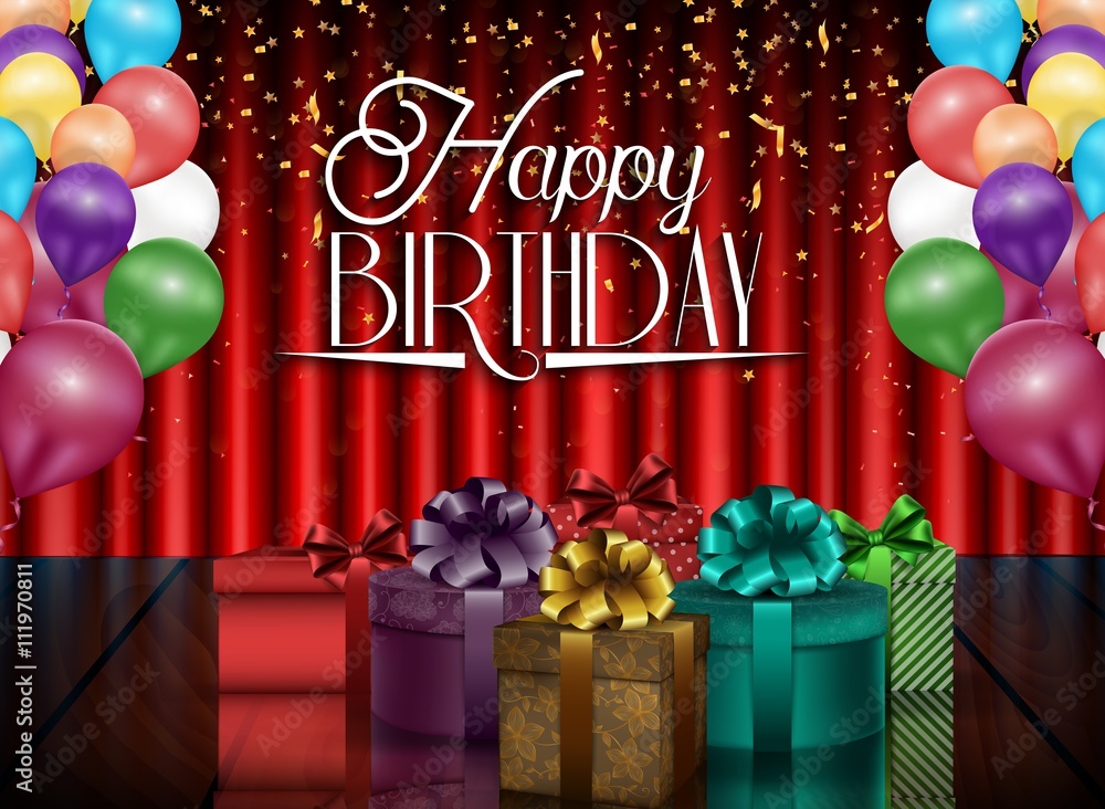 Birthday background of party with color balloons and gift boxes on ...