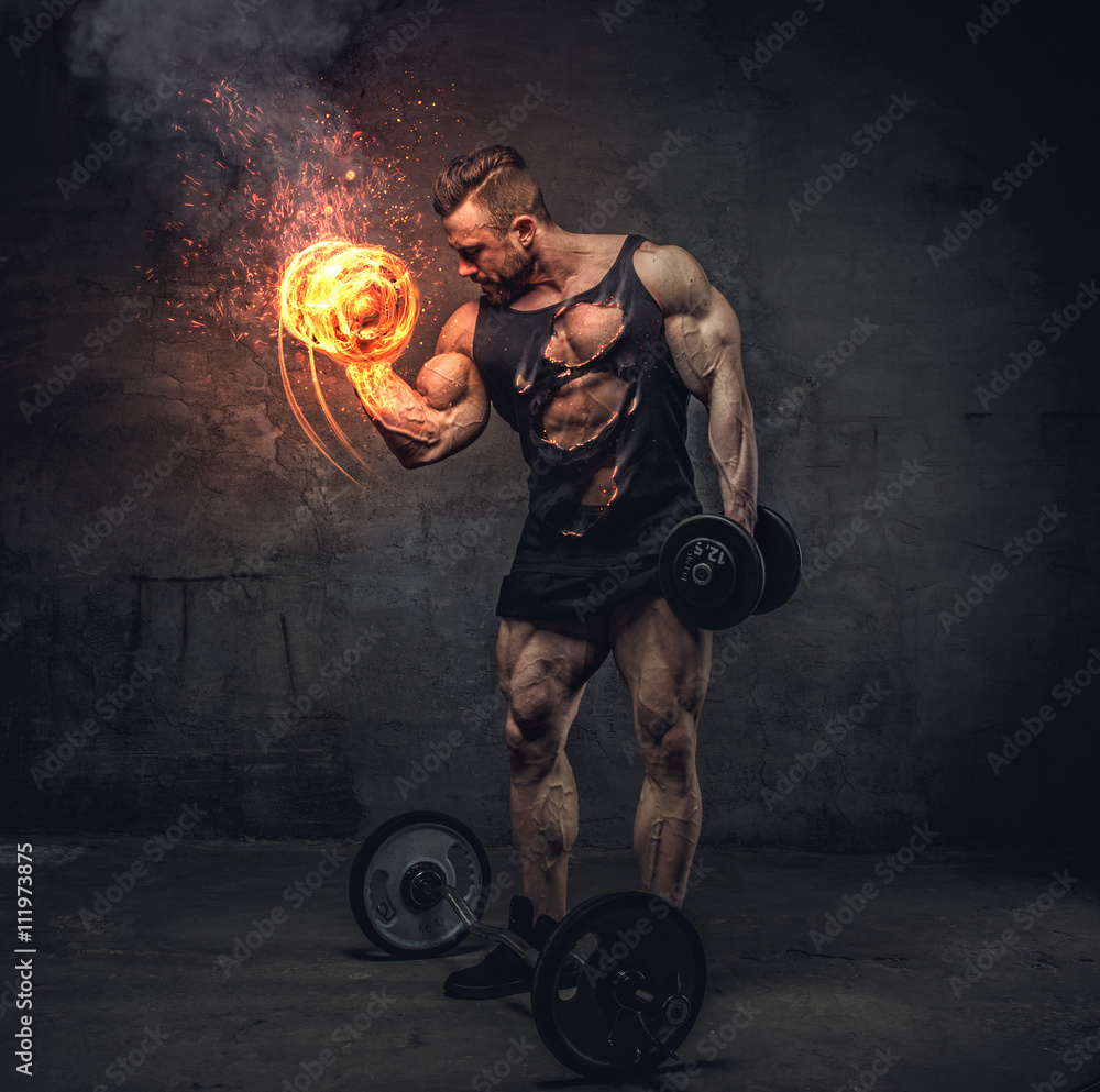 Full body image of bodybuilder with burning dumbbell. Stock Photo ...