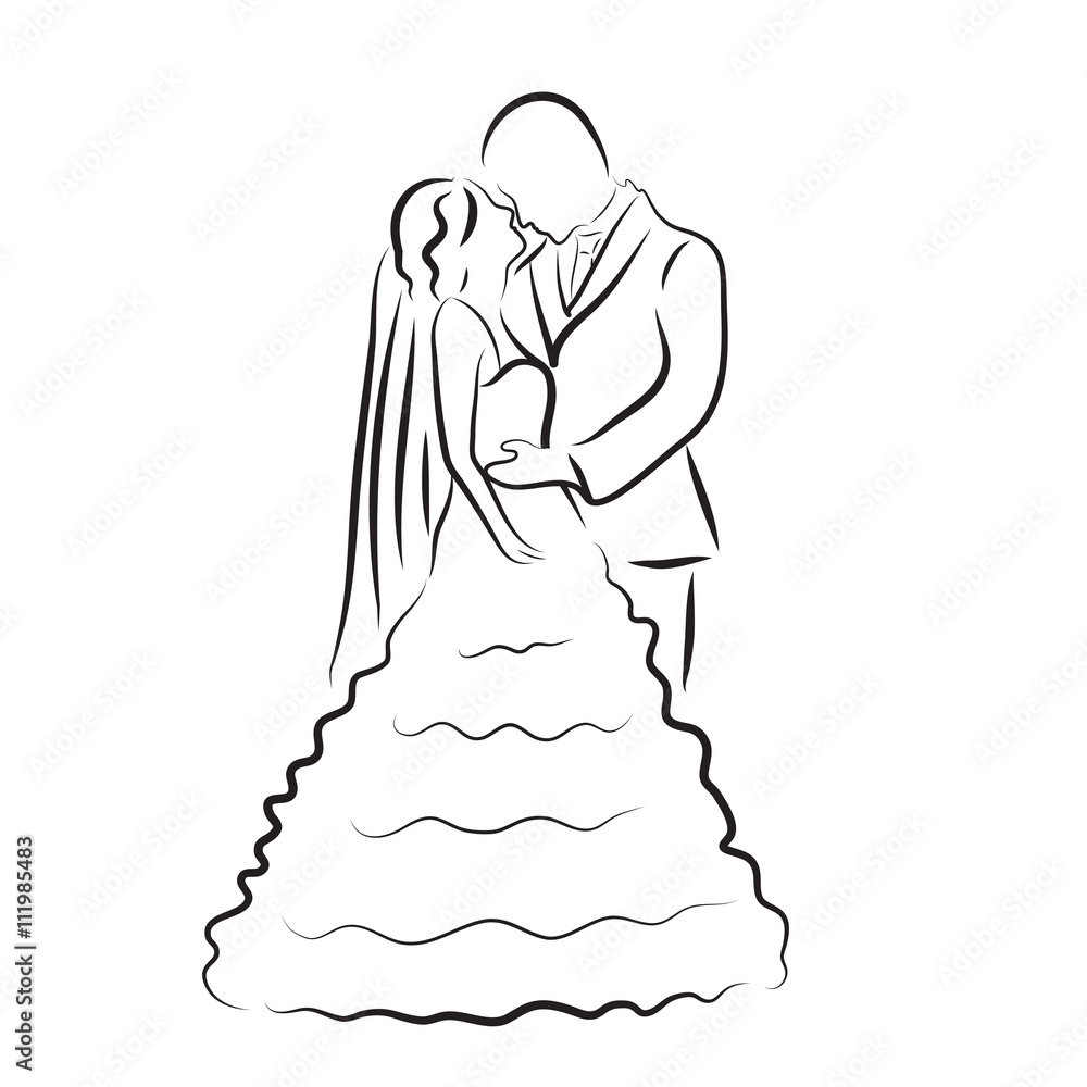silhouette of bride and groom, newlyweds sketch, hand drawing, wedding ...
