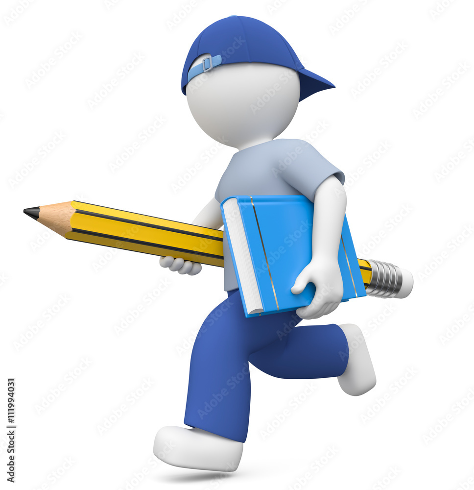 3d Männchen mit Bleistift und Buch auf dem Weg zur Weiterbildung in der ...