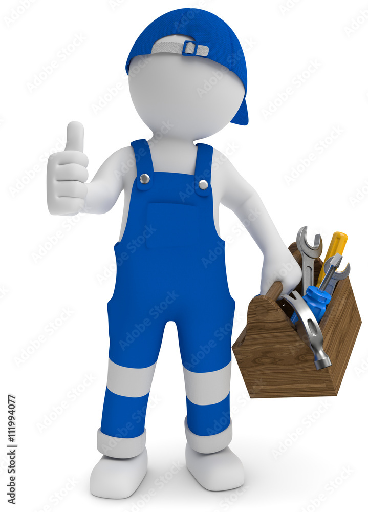 3d Männchen als Handwerker mit Werkzeugkiste macht den Daumen hoch ... 3d Männchen als Handwerker mit Werkzeugkiste macht den Daumen hoch ...