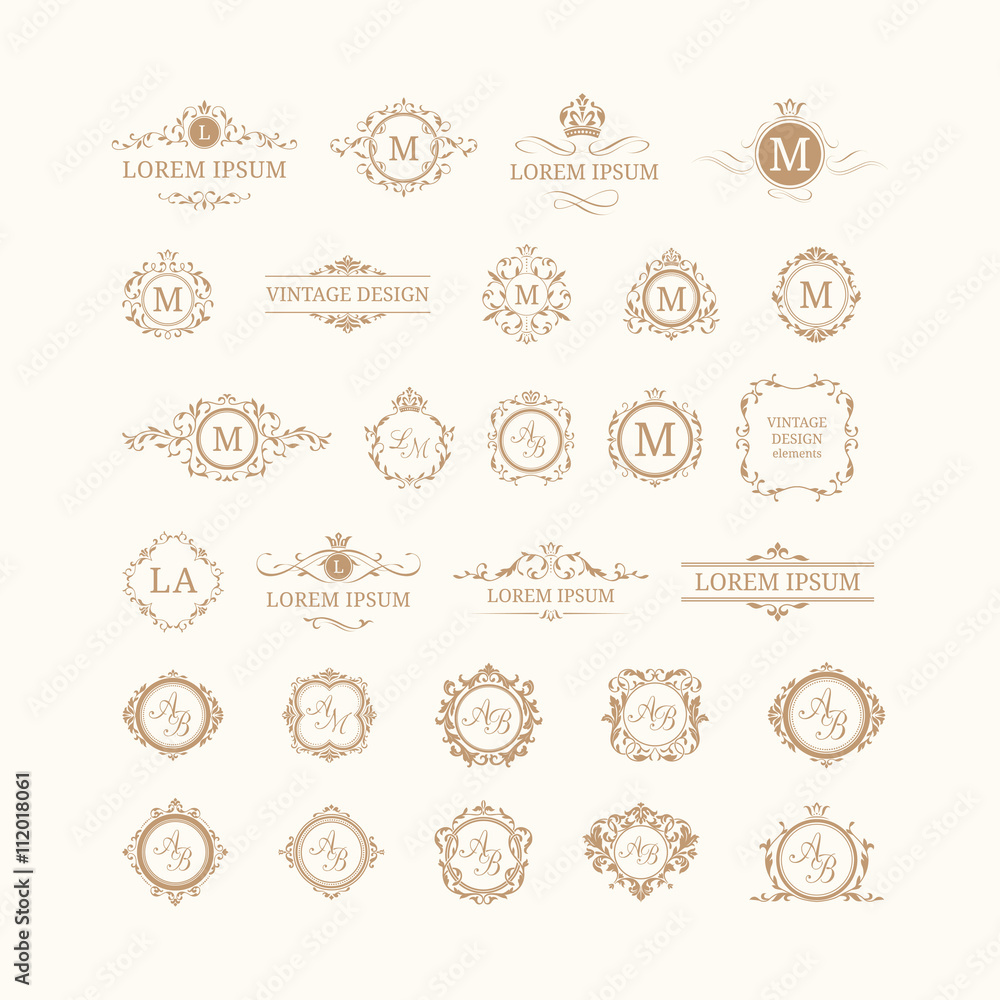 Set of elegant floral monograms and borders Stock Vector | Adobe Stock