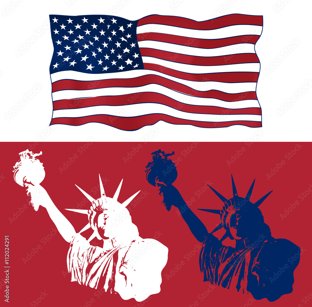 Set of art design of Statue of Liberty with american flag. Design for ...