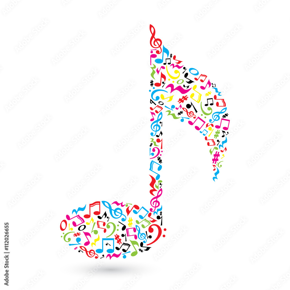 Music note made of music notes. Colorful notes pattern. Note shape ...