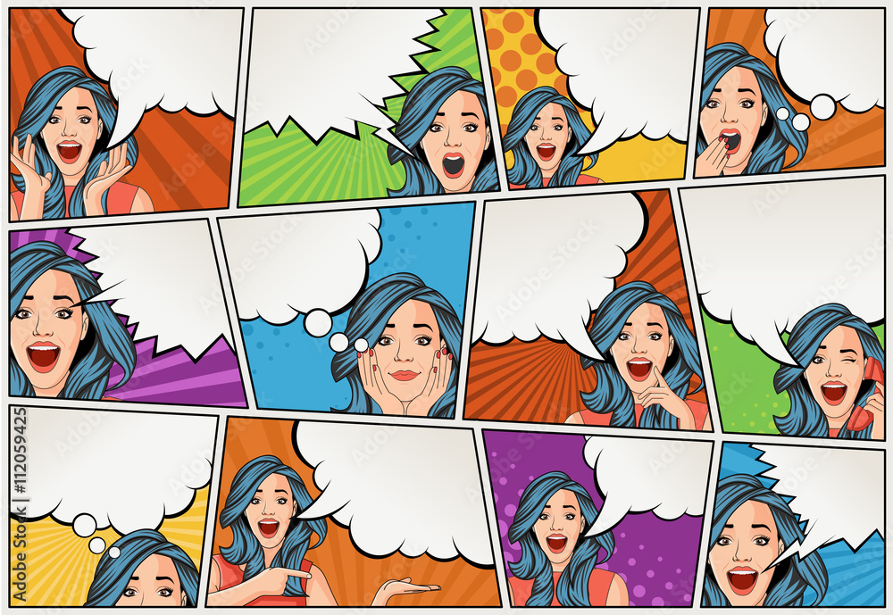 Comic book page with retro woman talking. Comic strip background with ...