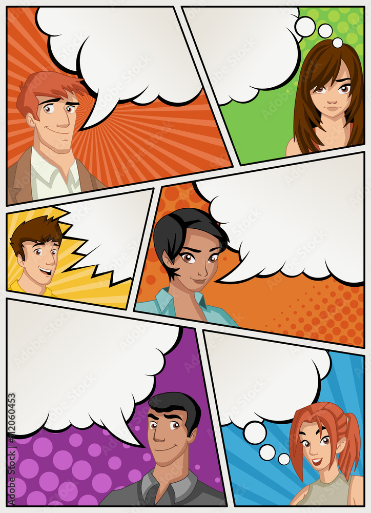 Comic book page with people talking. Comic strip background with speech ...